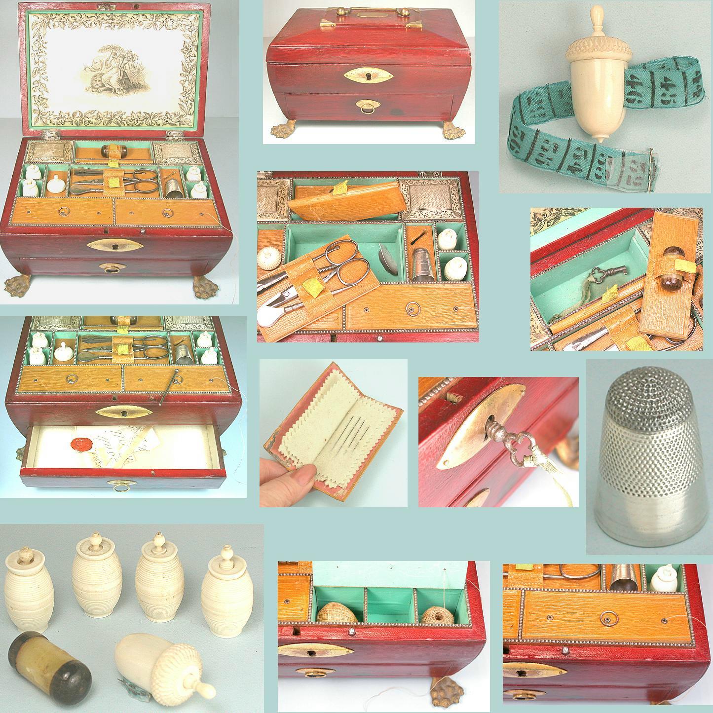 Antique Regency Leather Sewing Workbox w/ Silver, Steel & Ivory Tools ...